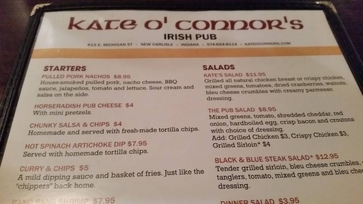 Menu at Kate O'Connor's Irish Pub, New Carlisle
