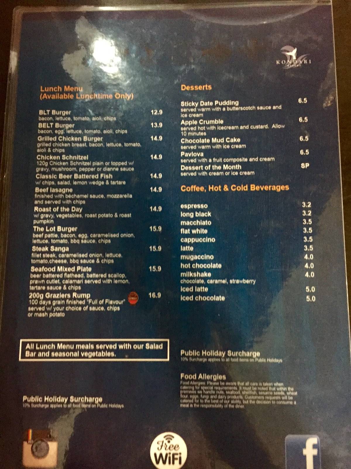 Menu at Kondari Hotel pub & bar, Urangan