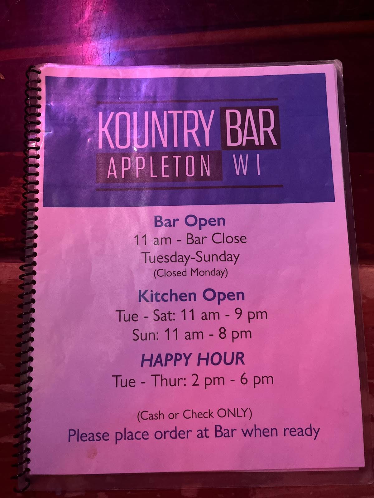 Menu at Kountry Bar, Appleton, N3095 County Rd A