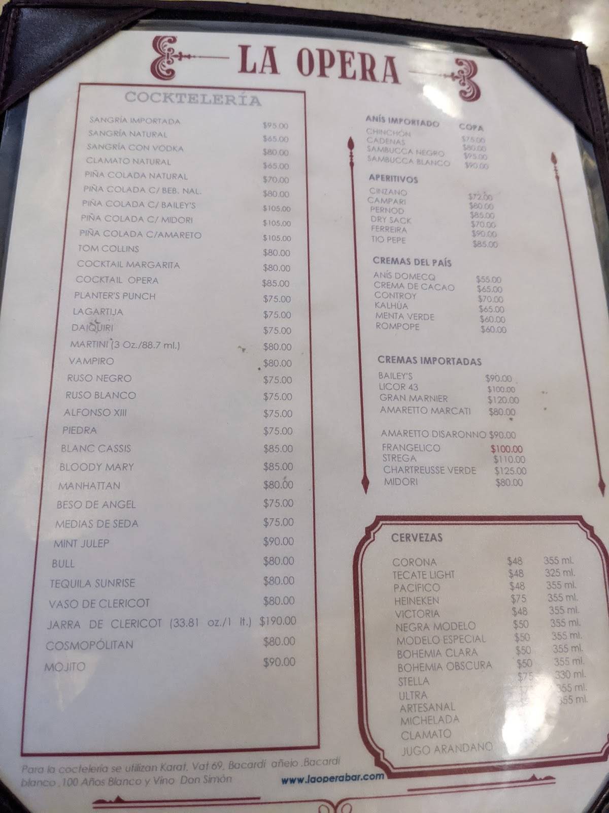 Carta del pub y bar LA OPERA, Ciudad del México, 5 del Mayo 10