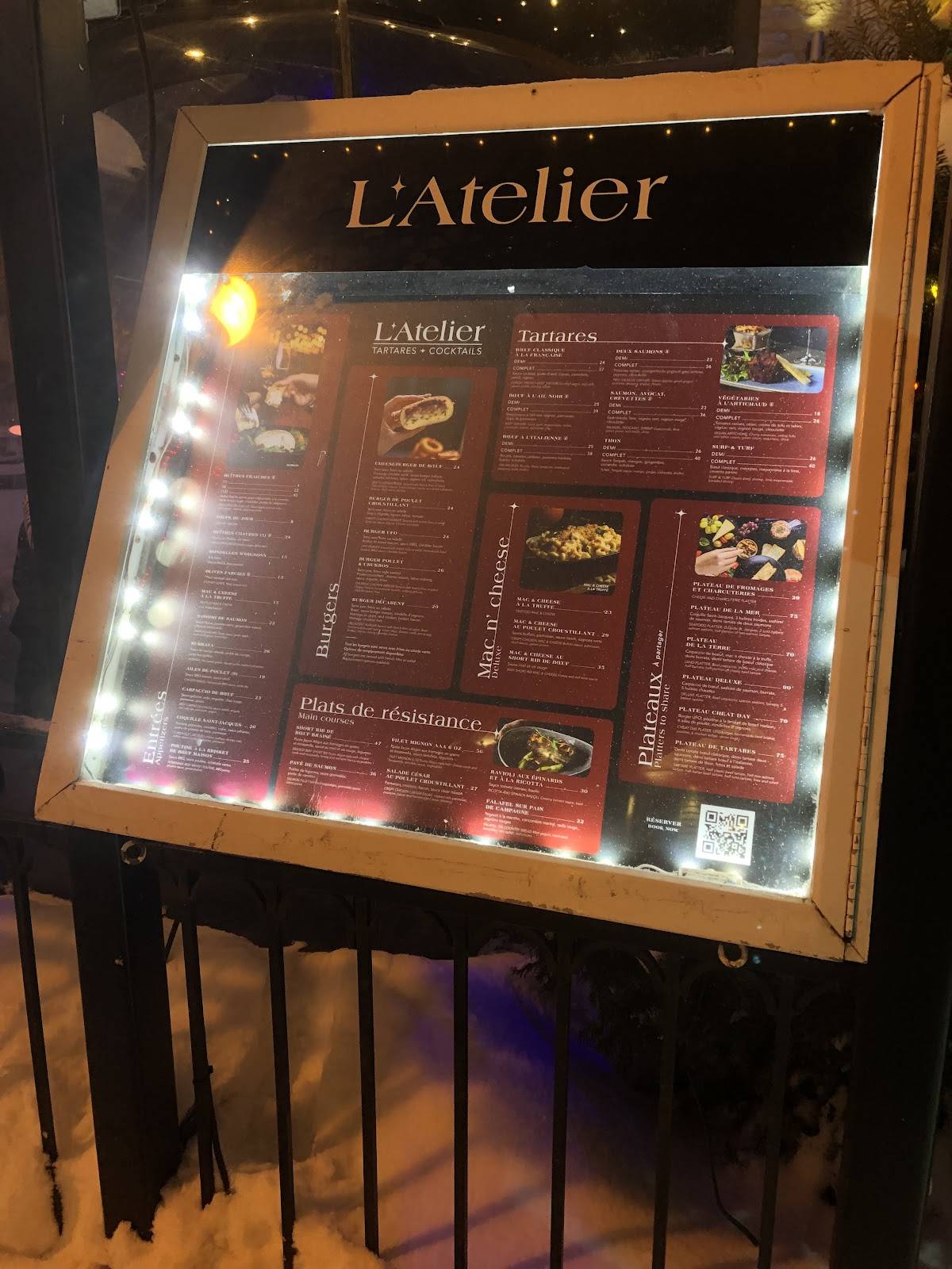 Menu au L'Atelier pub et bar, Québec, 624