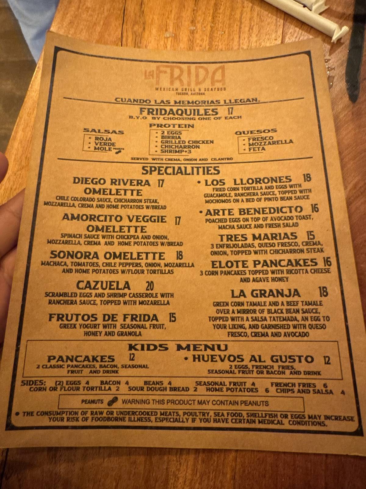 Menu at La Frida Mexican Grill & Seafood pub & bar, Tucson