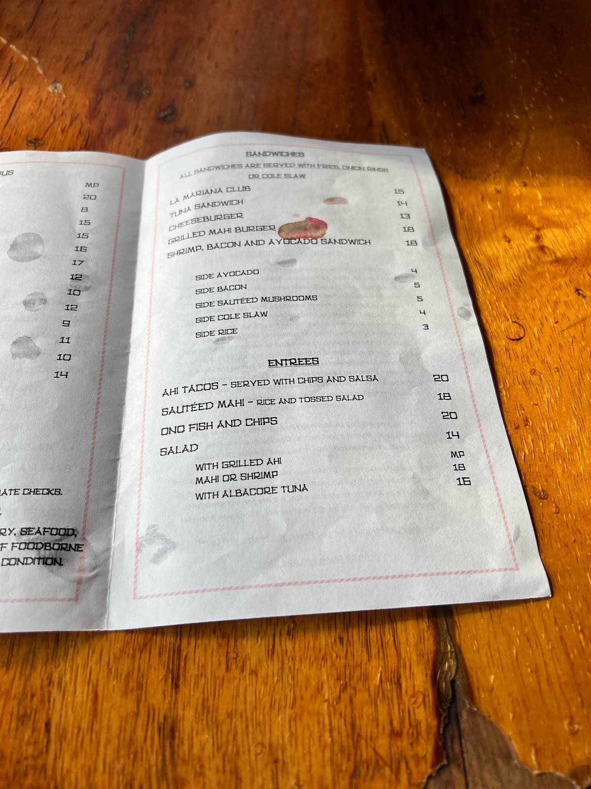 Menu at La Mariana Sailing Club, Honolulu, 50 Sand Island Access Rd