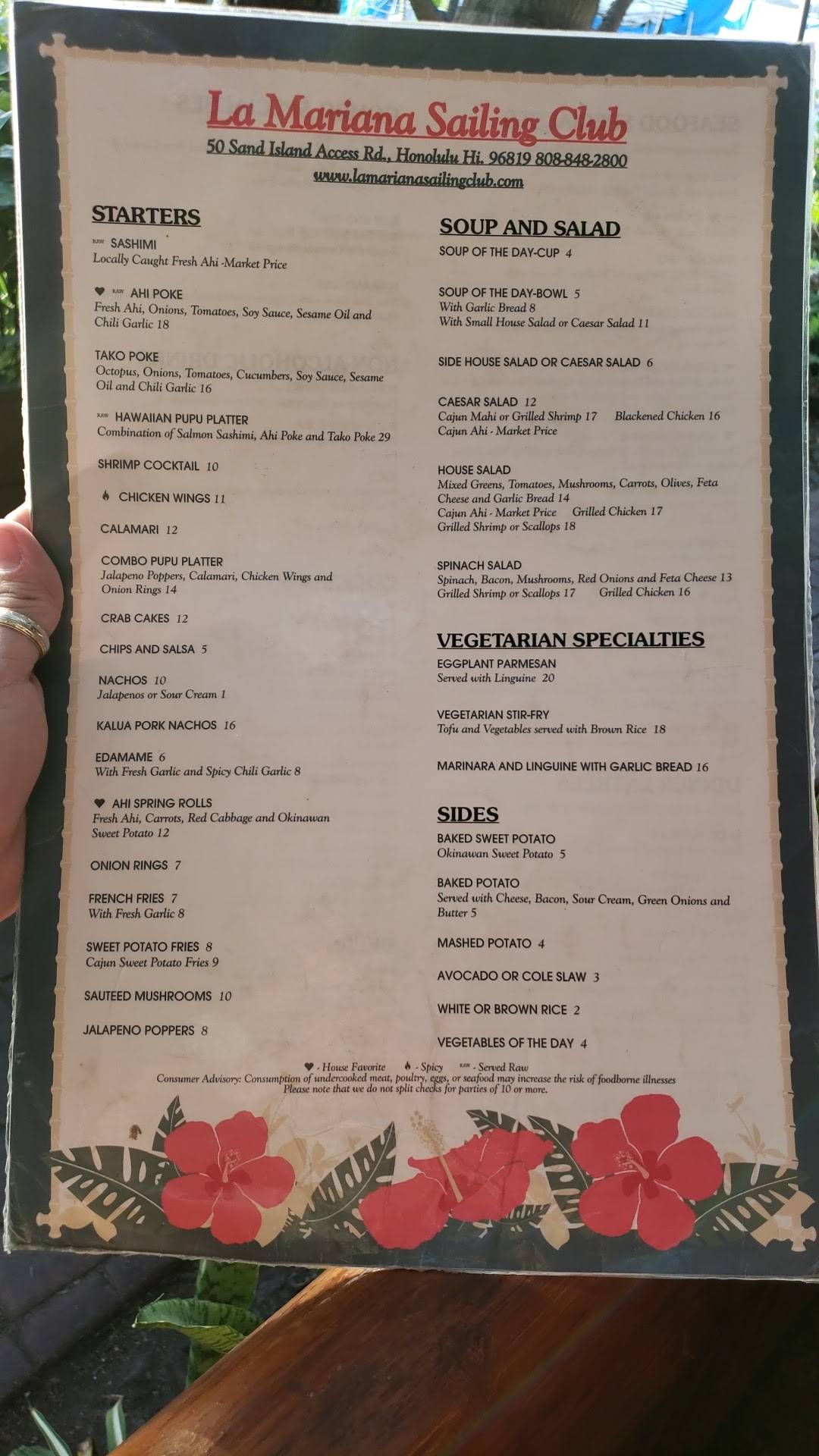 Menu at La Mariana Sailing Club, Honolulu, 50 Sand Island Access Rd