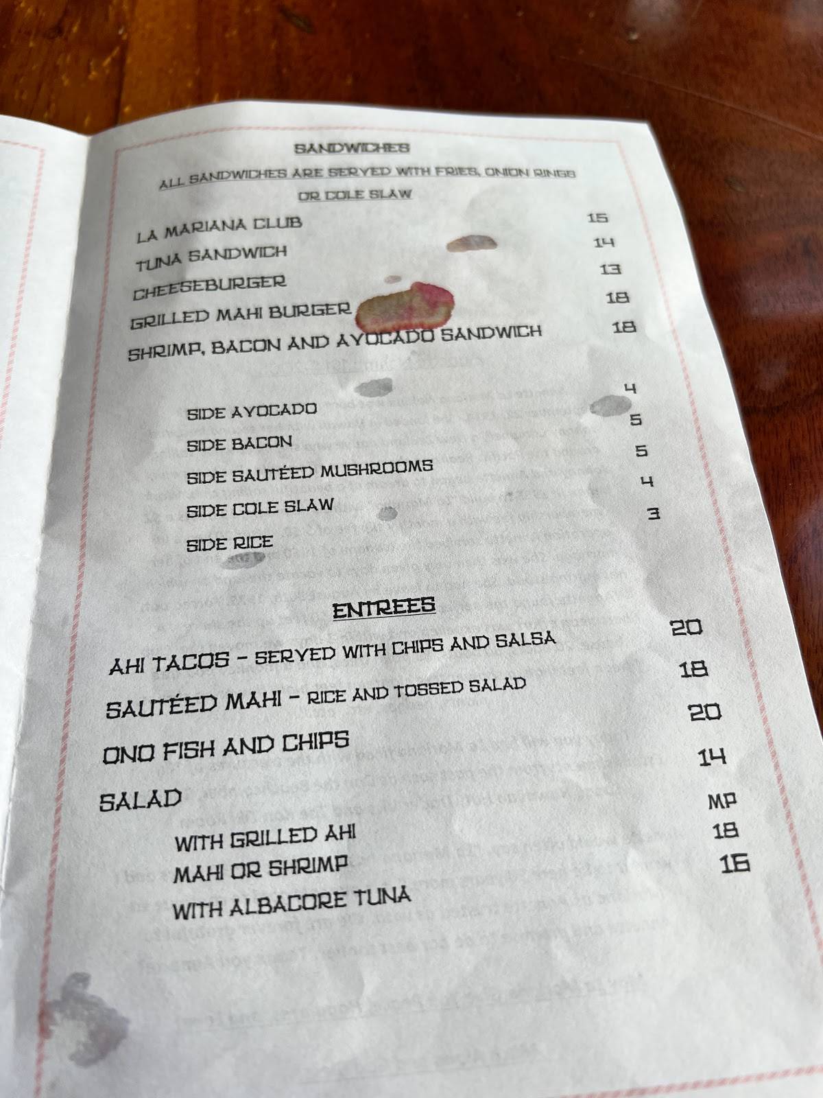 Menu at La Mariana Sailing Club, Honolulu, 50 Sand Island Access Rd