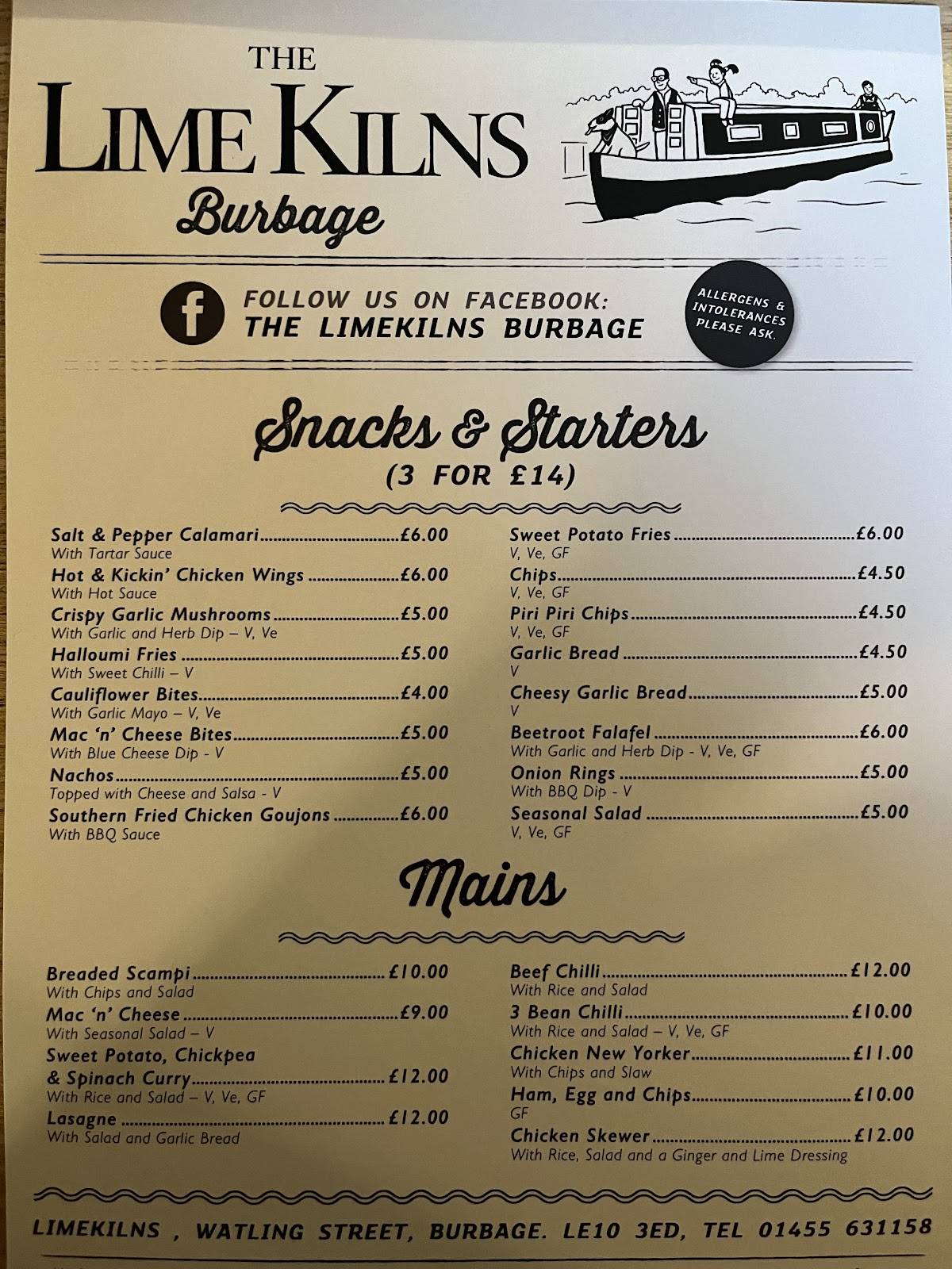 Menu at Lime Kilns pub & bar, Hinckley