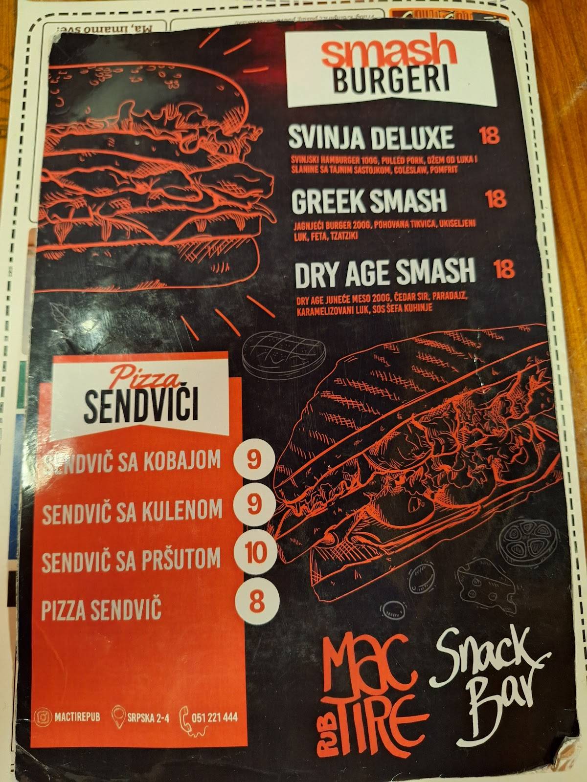 Menu at Mac Tire Pub, Banja Luka