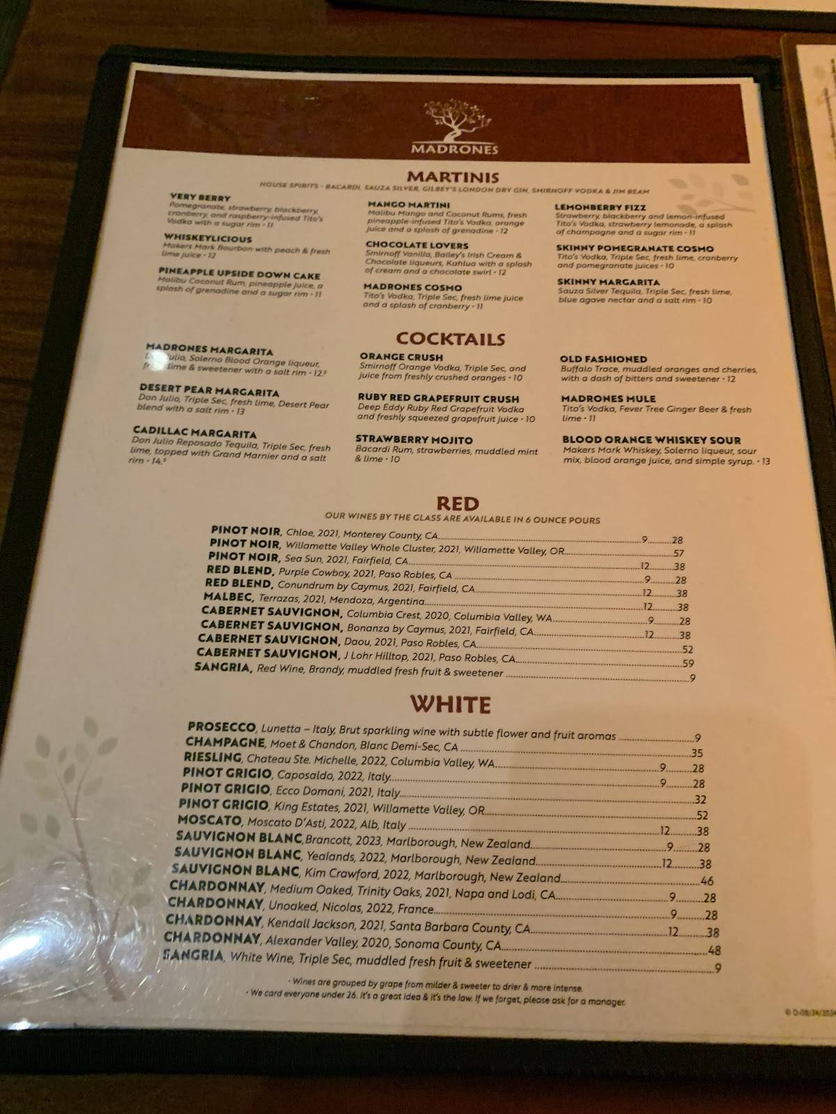Menu at Madrones pub & bar, Frederick, Wormans Mill Rd
