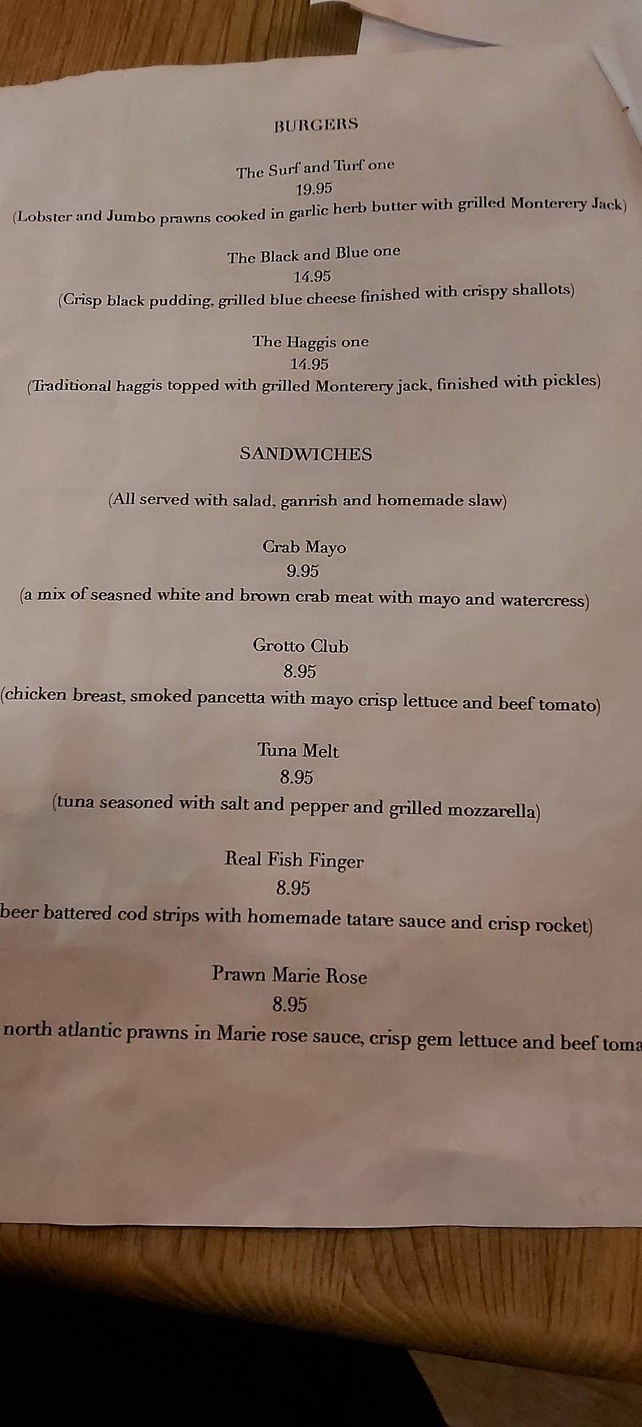 Menu at Marsden Grotto pub & bar, South Shields