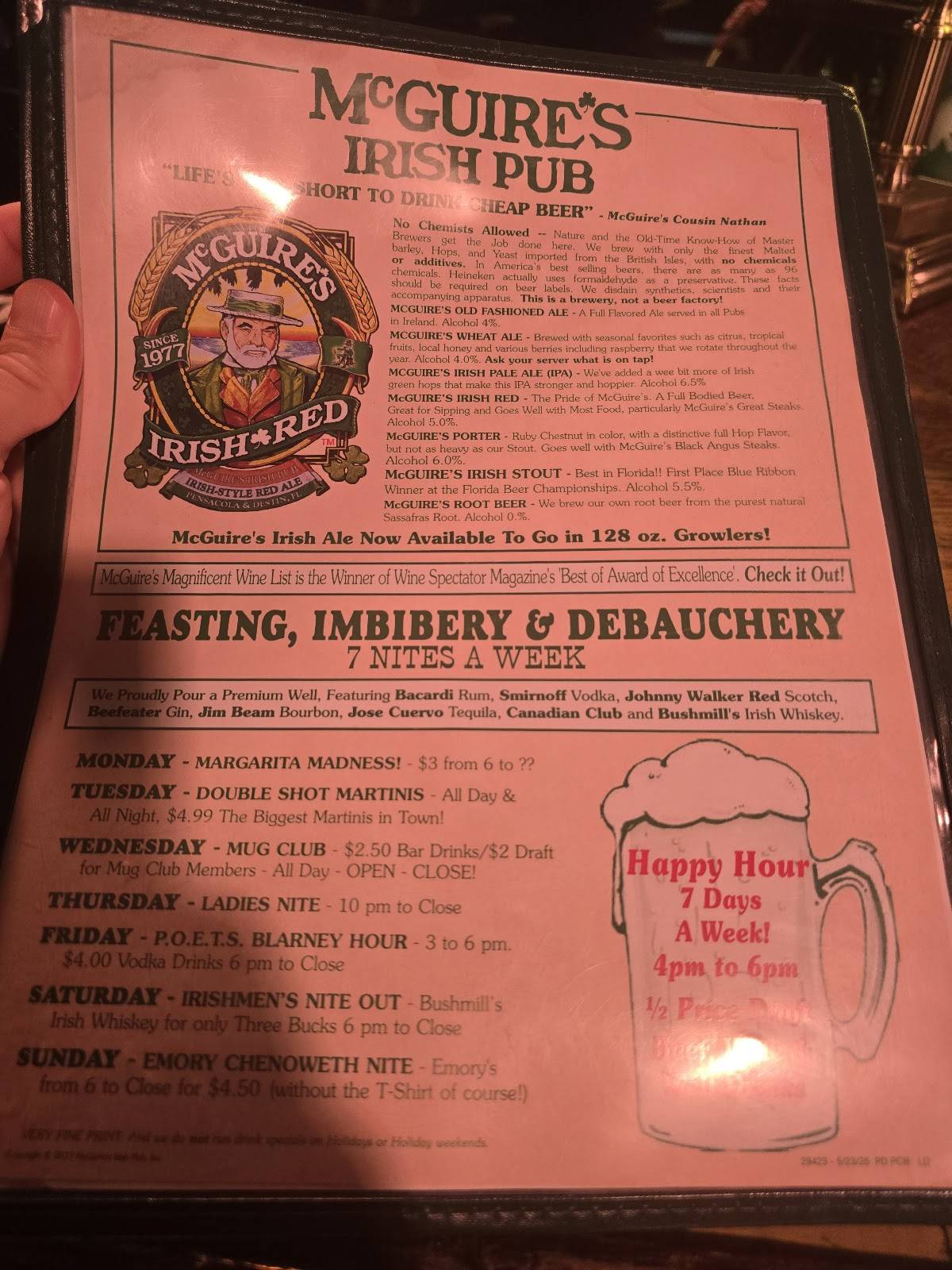 Menu at McGuire's Irish Pub of Destin, Destin, 33 US-98