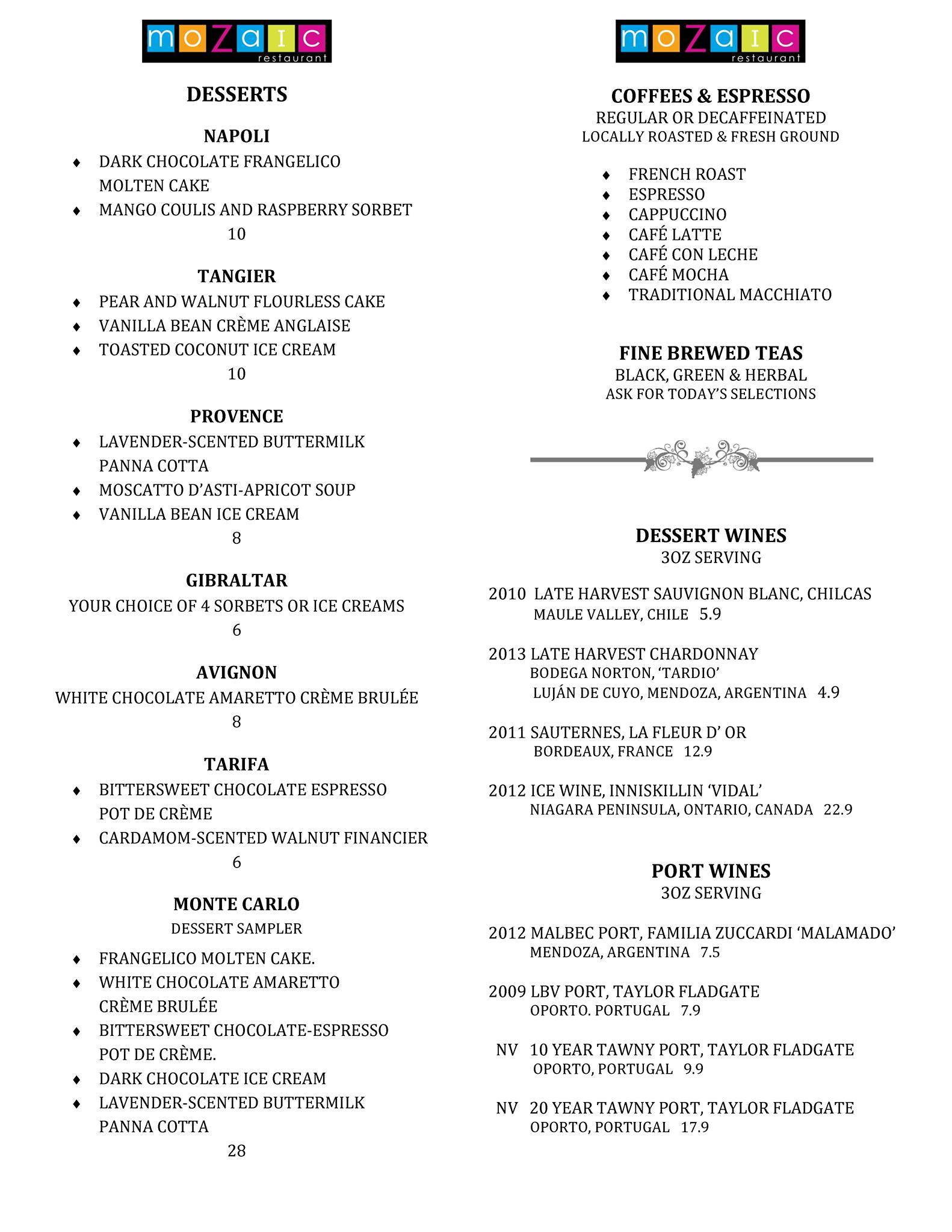 Menu at MoZaic Restaurant, Sarasota