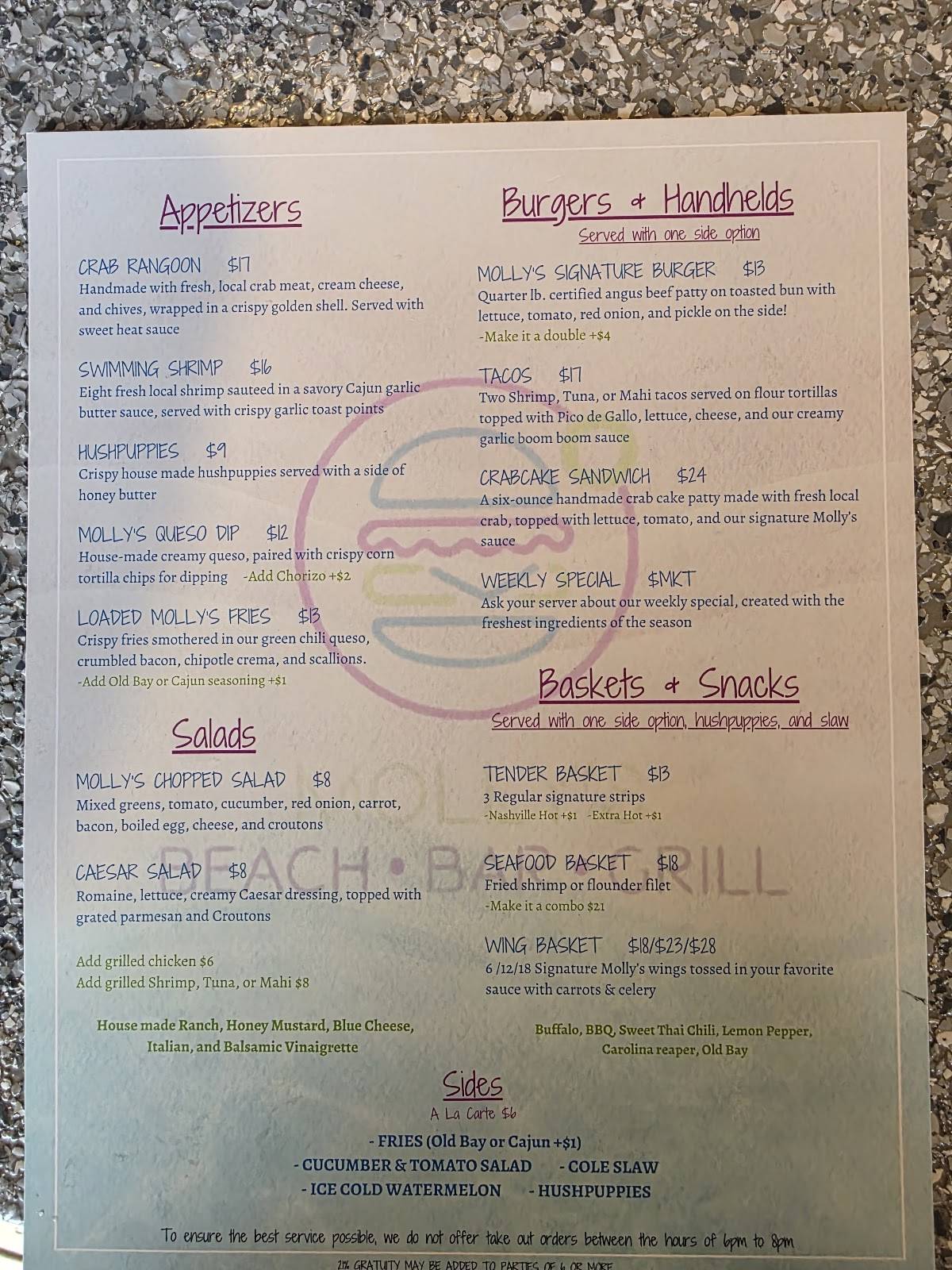 Menu at Molly's Beachside Bar & Grill, Atlantic Beach, W Fort Macon Rd