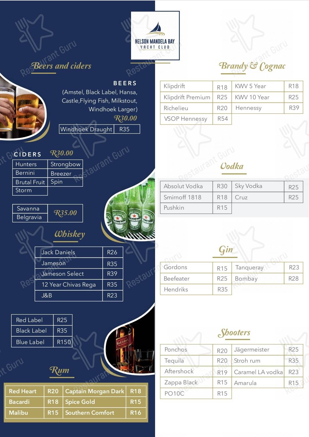 Menu at Nelson Mandela Bay Yacht Club, Port Elizabeth