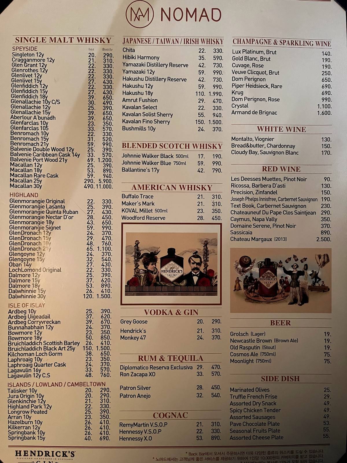 Menu at Nomad pub & bar, Seoul, 28 Dosan-daero 101-gil