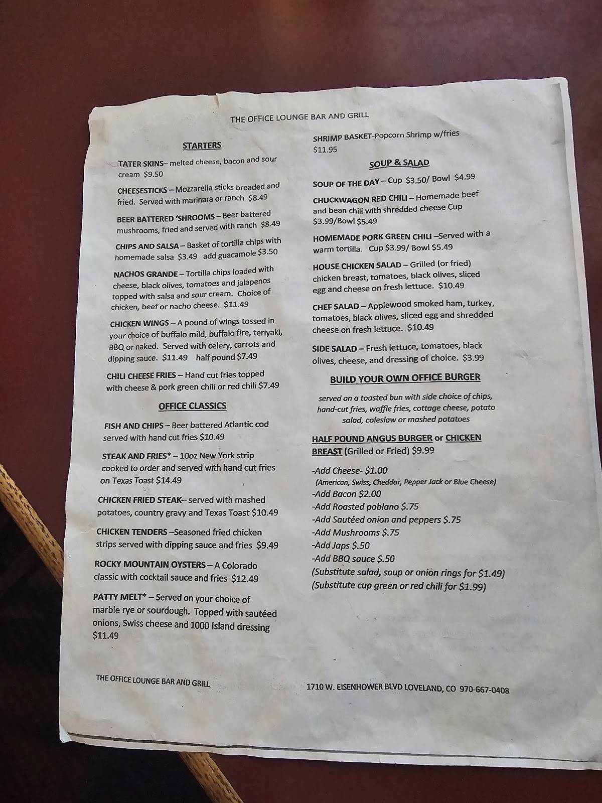 Menu at Office Grill & Saloon pub & bar, Loveland