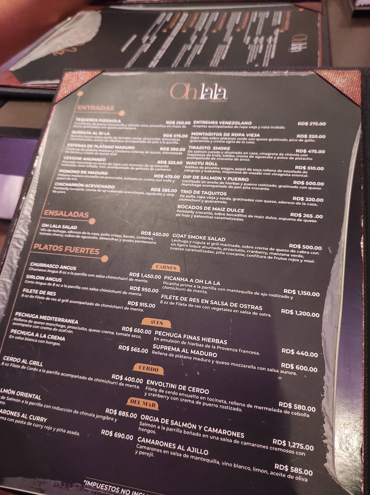 Menu at OhLaLa Experience pub & bar, La Vega