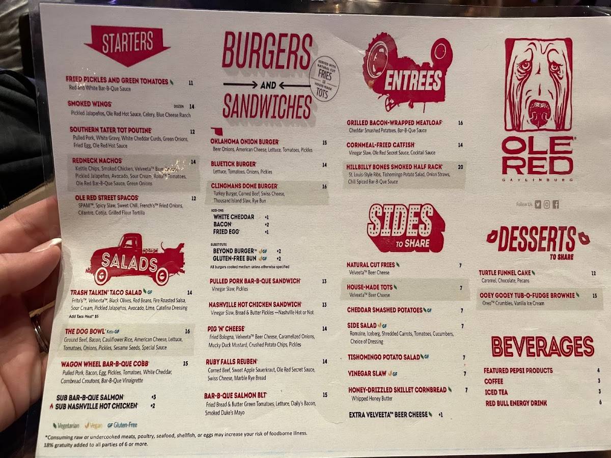 Menu at Ole Red pub & bar, Gatlinburg