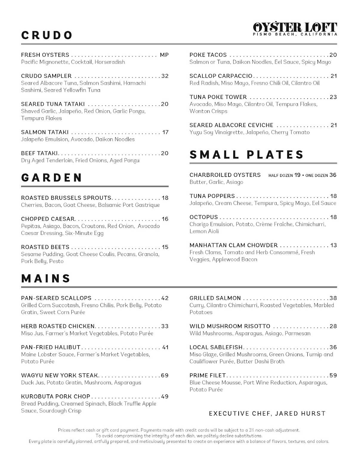 Menu at Oyster Loft pub & bar, Pismo Beach