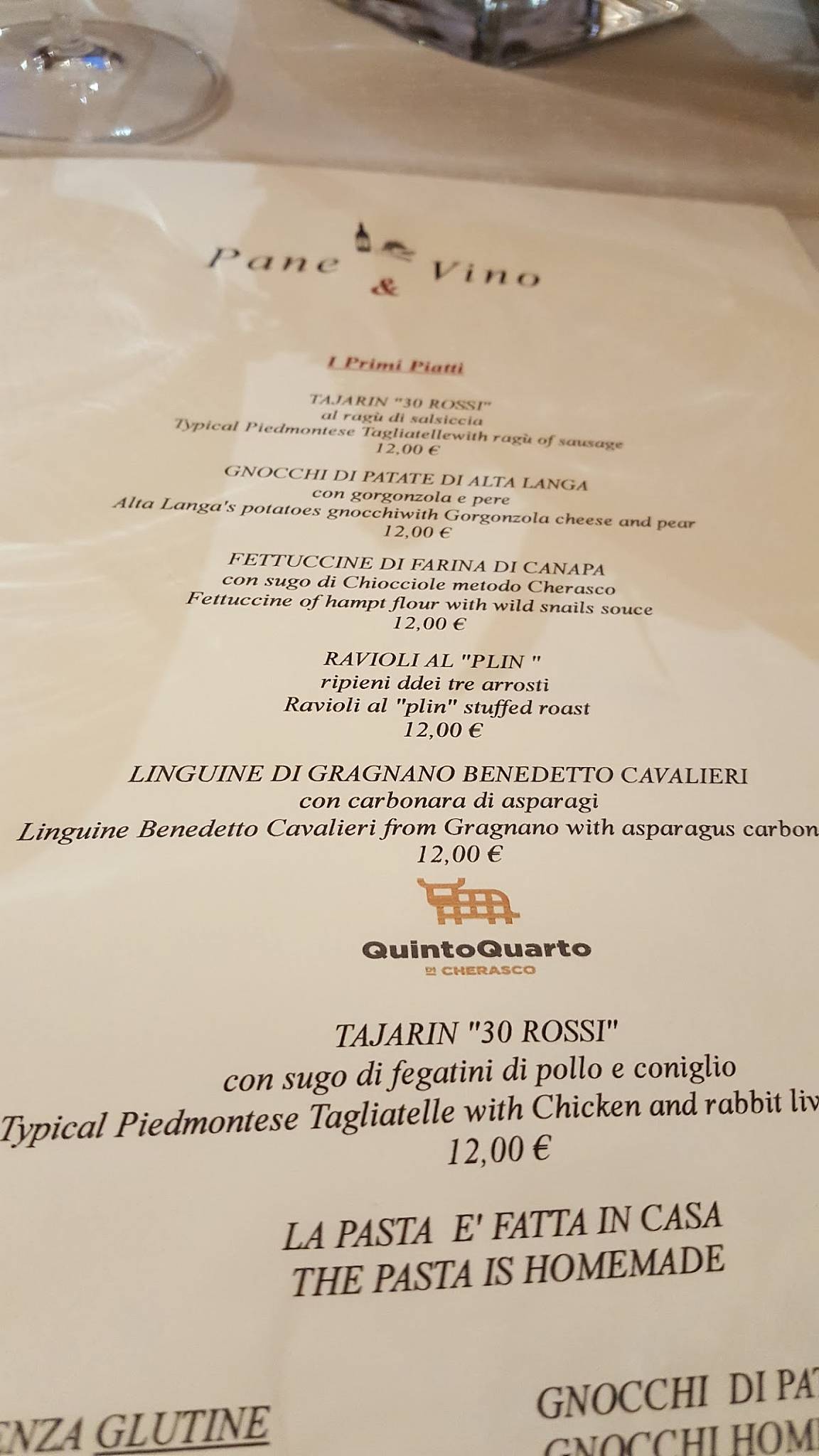 Menu da Pane e Vino ristorante Cherasco
