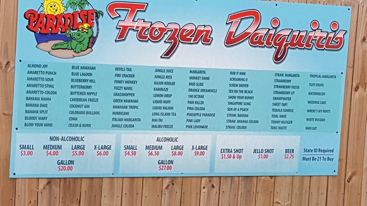 Menu at Paradise Grill & Daiquiris pub & bar, Moss Bluff, 891 US-171