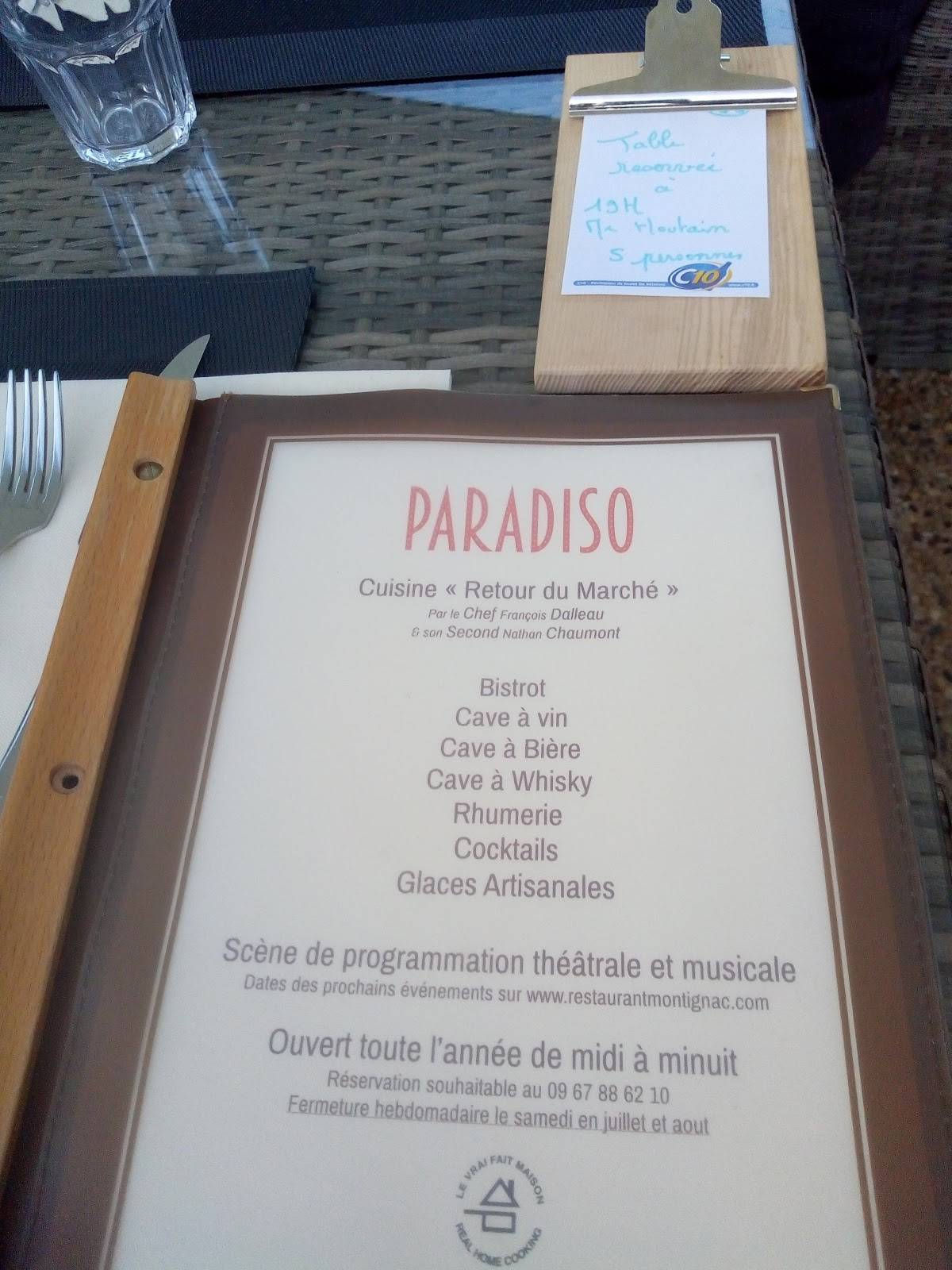 Menu at Paradiso pub & bar, Montignac