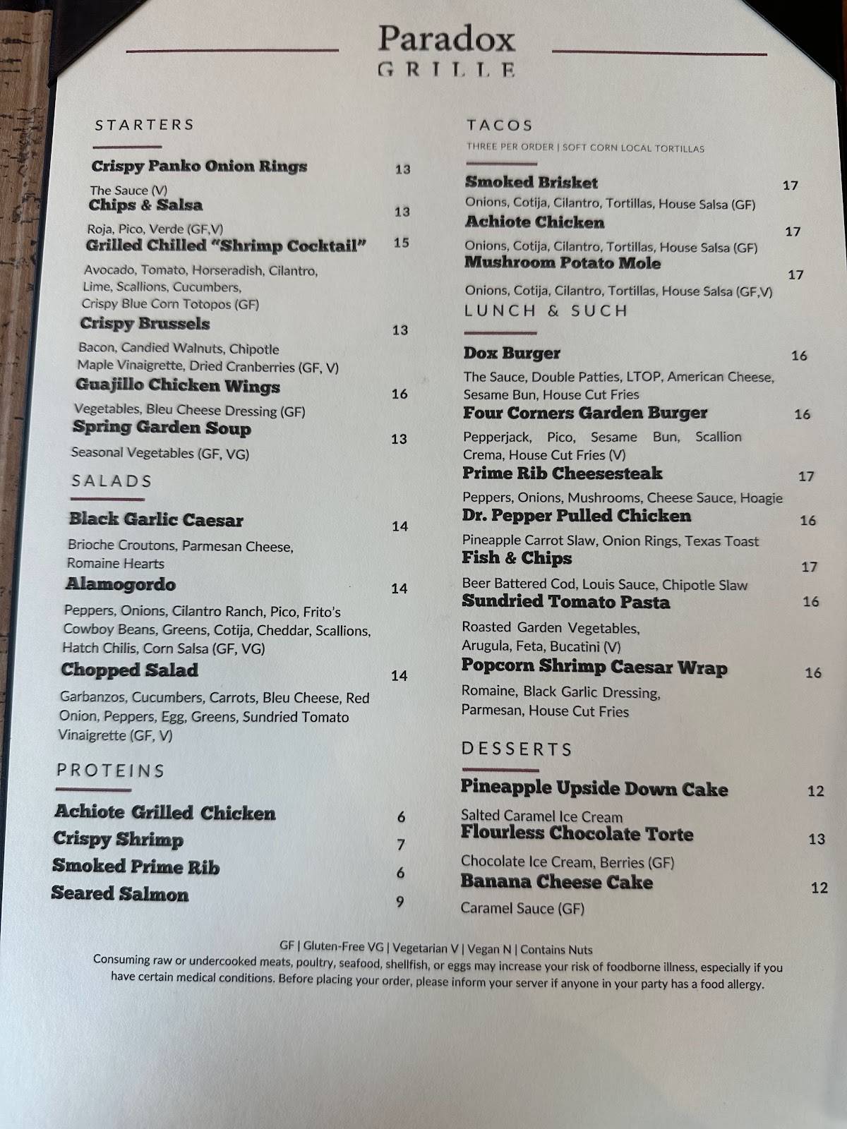 Menu at Paradox Grille pub & bar, Gateway, CO-141