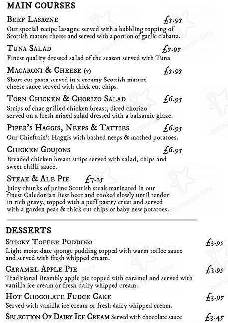 Menu at Piper Bar, Glasgow