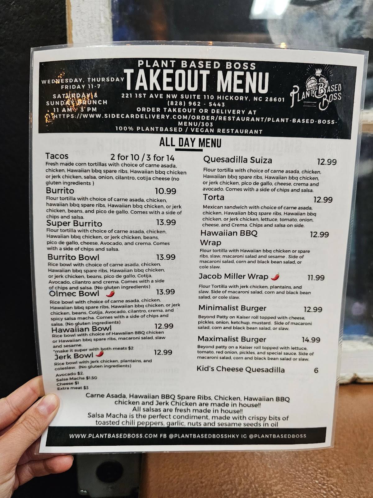 Menu at Plant Based Boss pub & bar, Hickory
