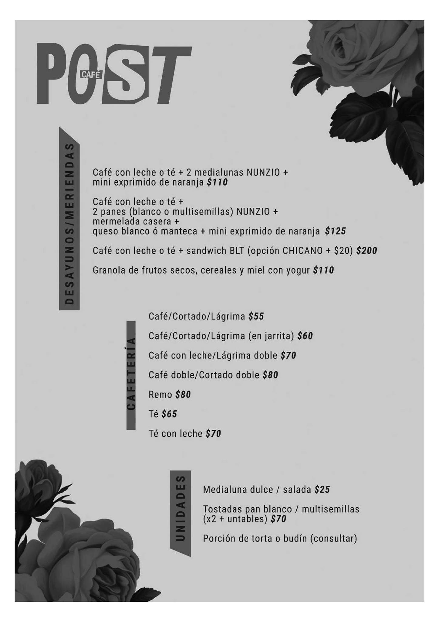 Menu at Post Café, Rosario