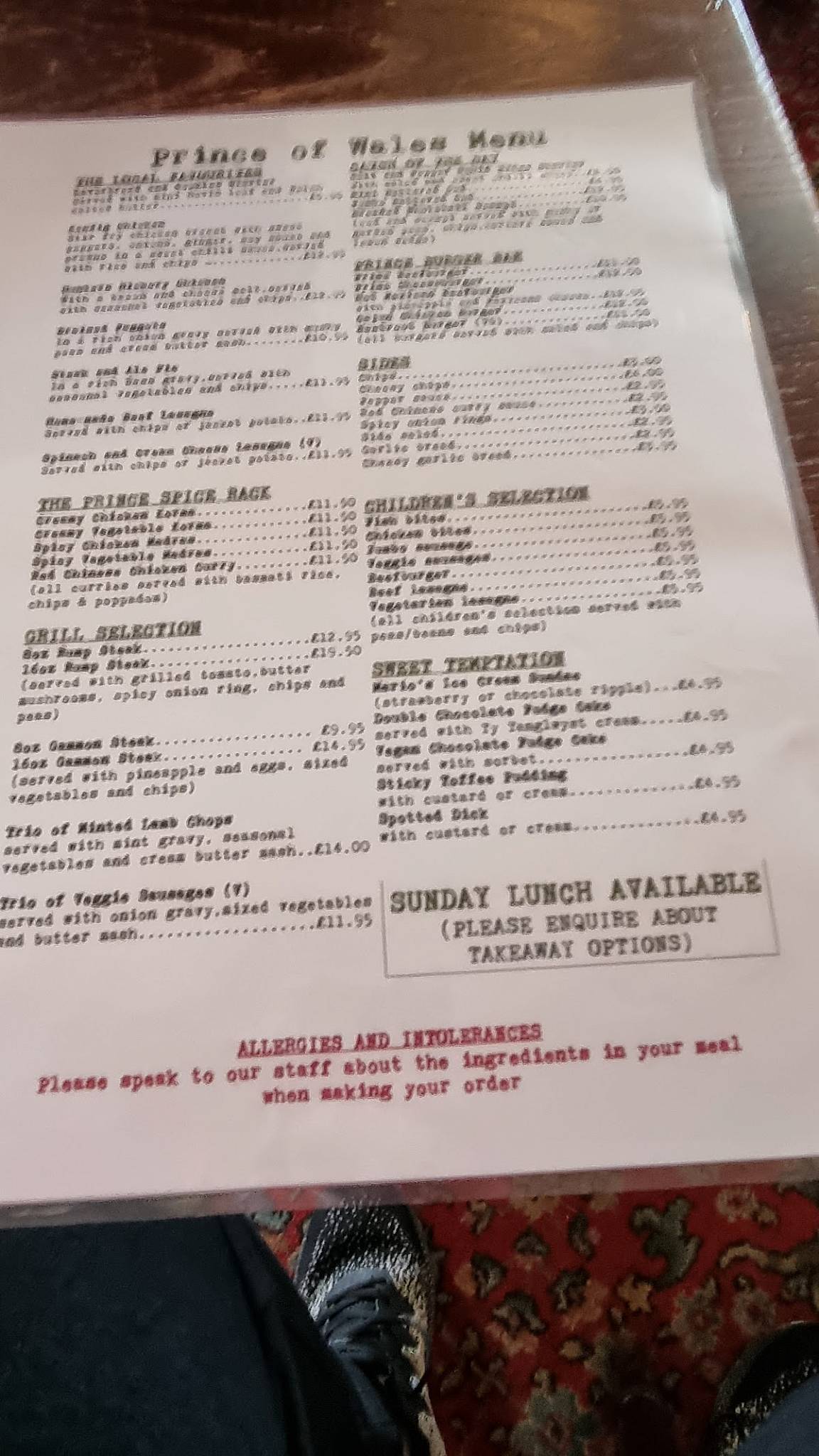 Menu at Prince Of Wales Inn pub & bar, Maudlam, M4