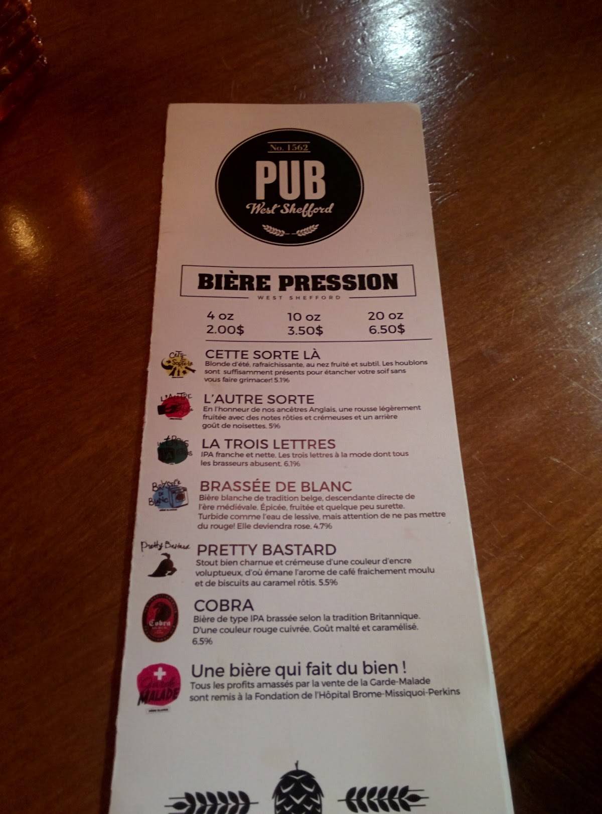Menu au Pub West Shefford, Montréal
