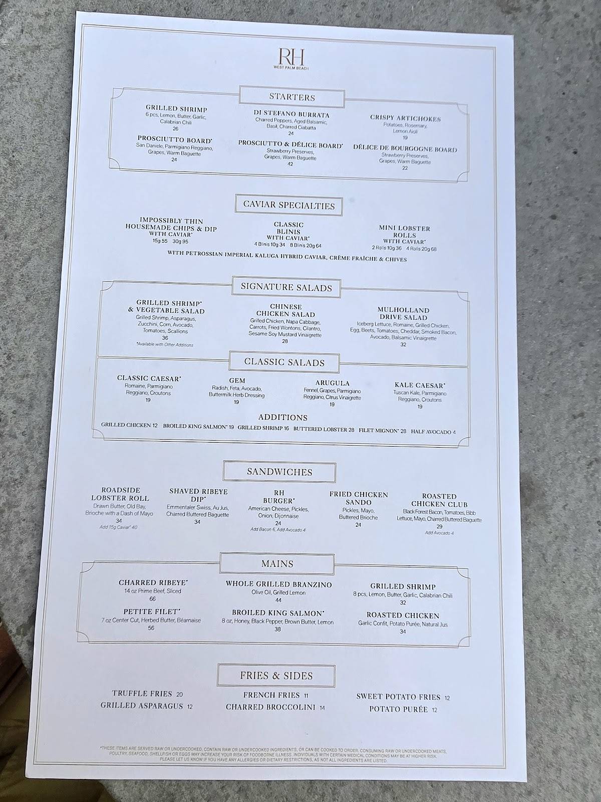 Menu at RH Rooftop Restaurant at RH West Palm, West Palm Beach