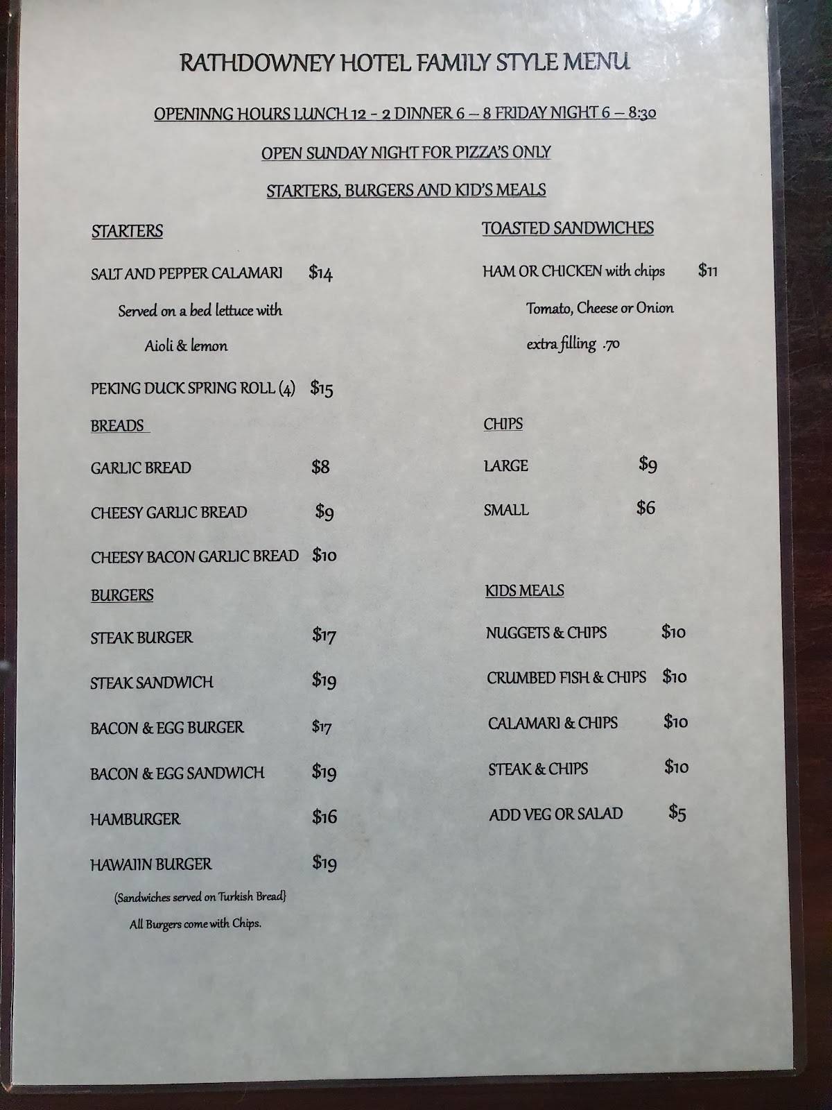 Menu at Rathdowney Hotel Motel pub & bar, Rathdowney