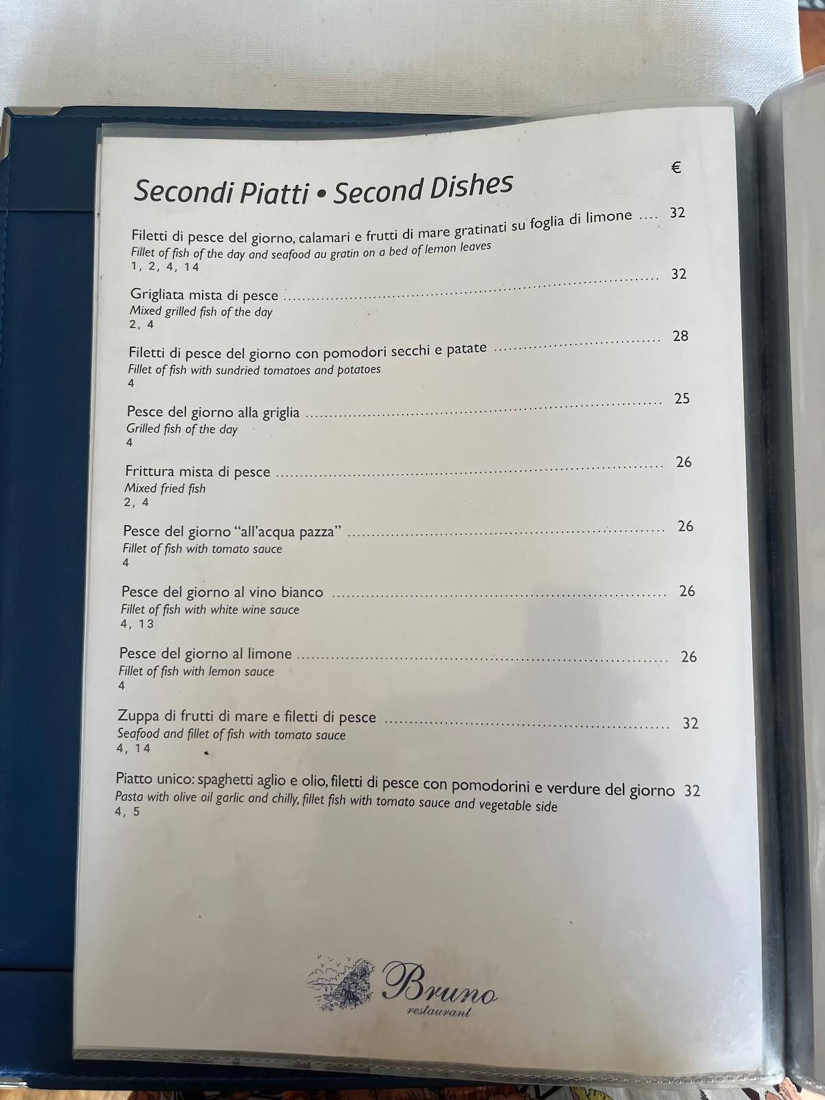 Menu at Ristorante Bruno, Positano