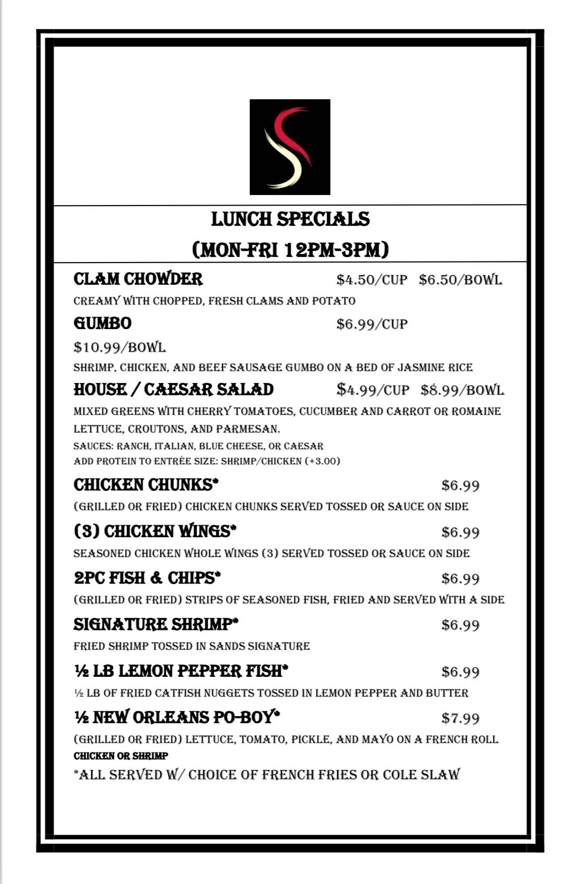 Menu at Sands Seafood and Sports Bar, Huber Heights