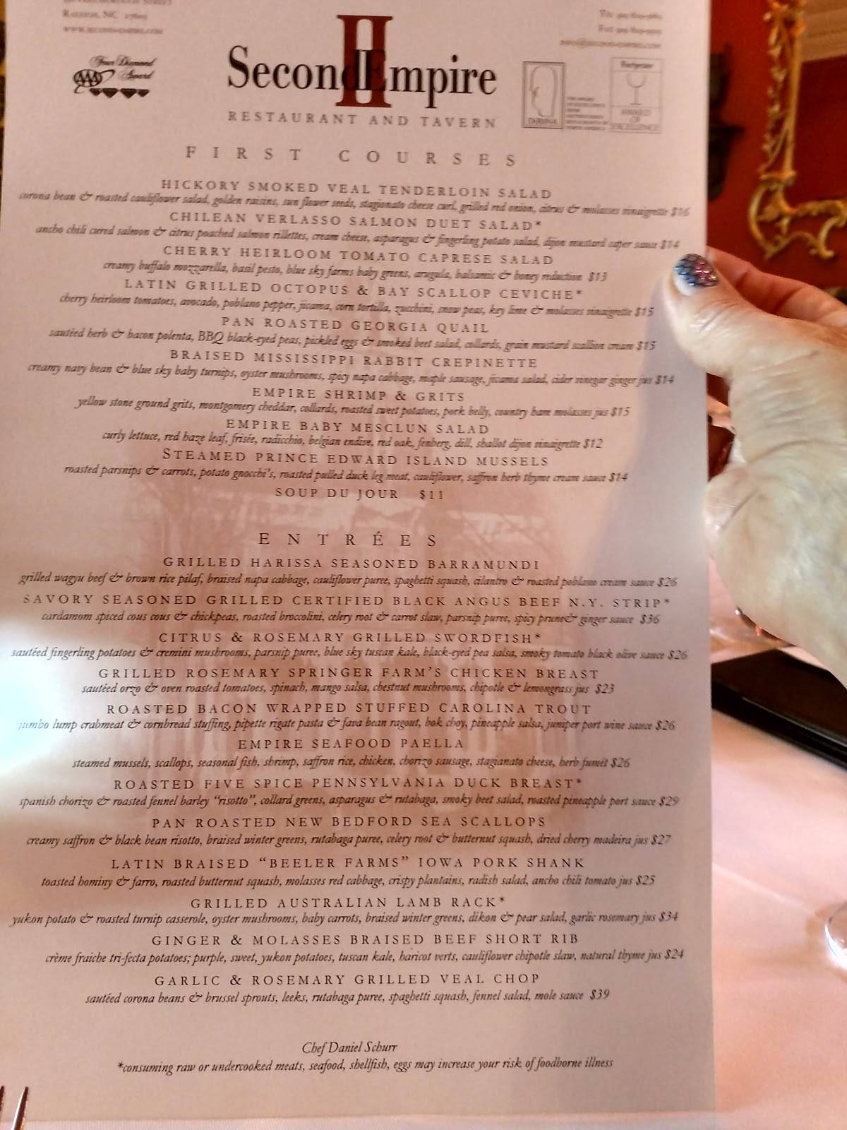 Menu at Second Empire Restaurant and Tavern, Raleigh