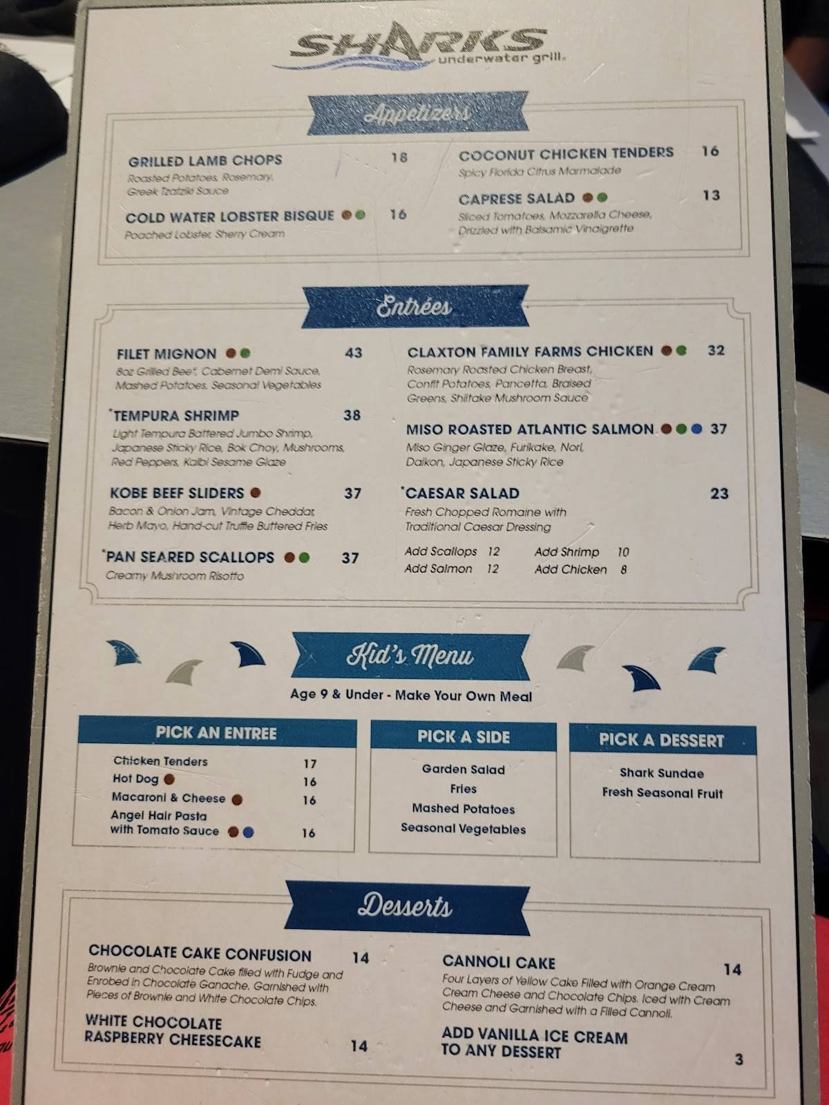 Menu at Sharks Underwater Grill pub & bar, Orlando