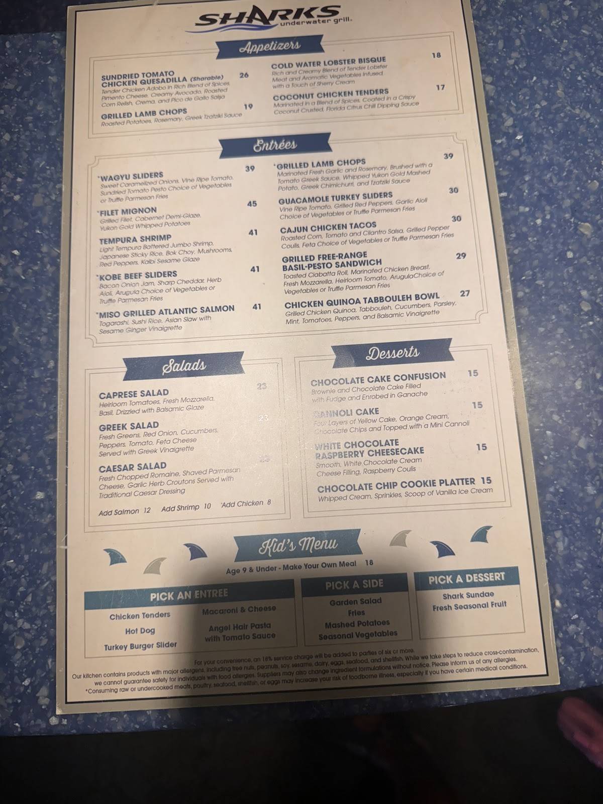 Menu at Sharks Underwater Grill pub & bar, Orlando