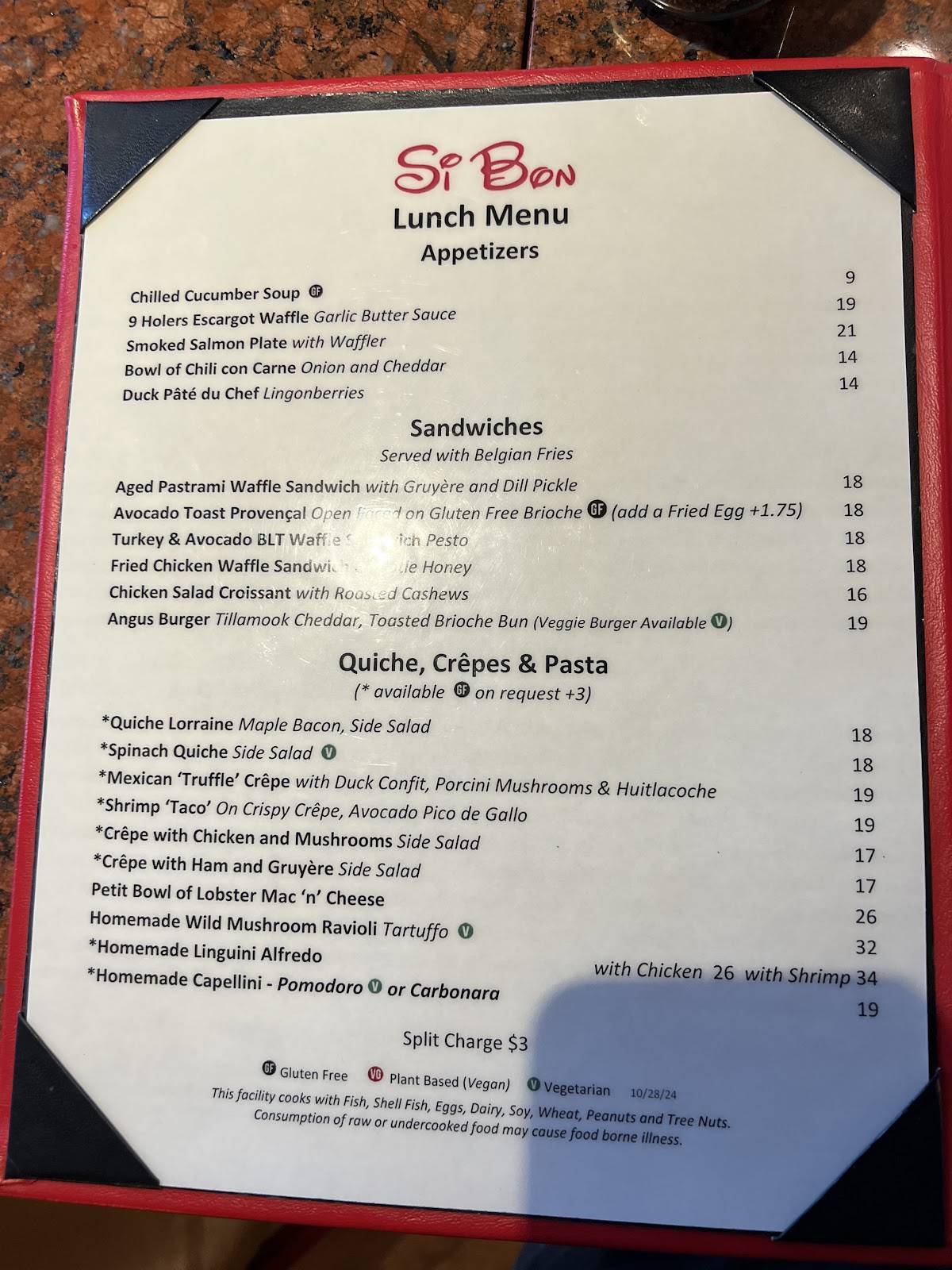 Menu at Si Bon pub & bar, Rancho Mirage