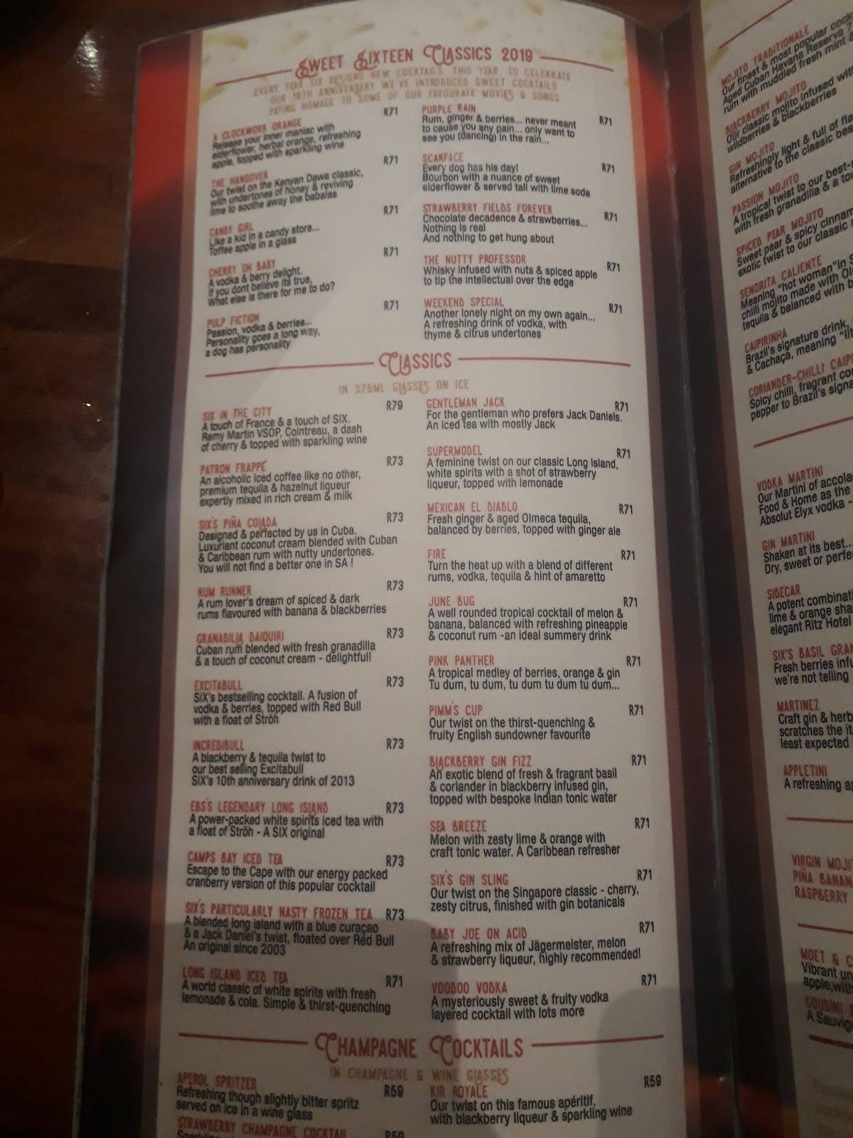 Menu at Six Cocktail Bar, Johannesburg