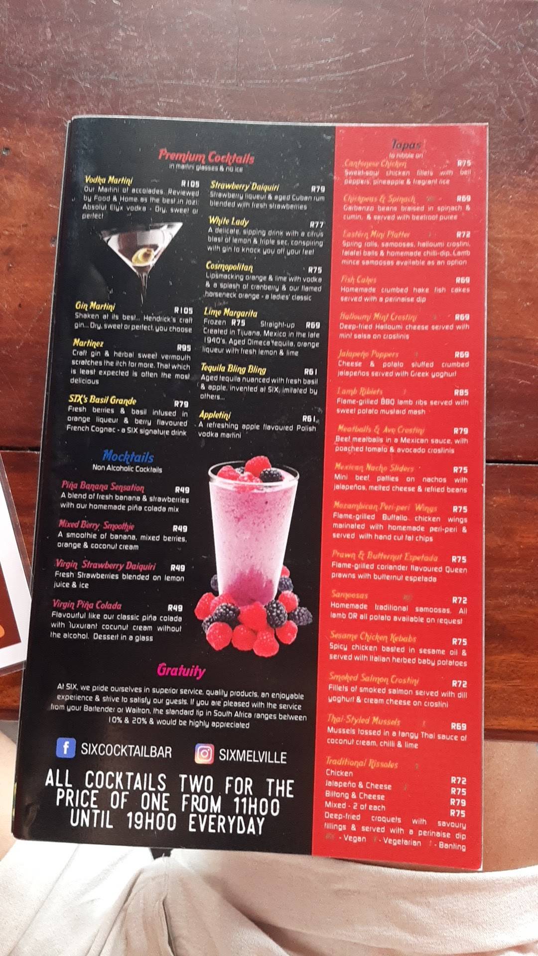 Menu at Six Cocktail Bar, Johannesburg