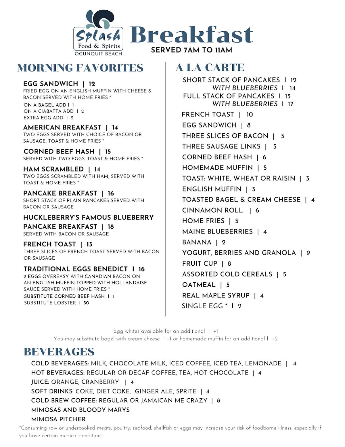 Menu at Splash Restaurant Ogunquit Beach, Ogunquit