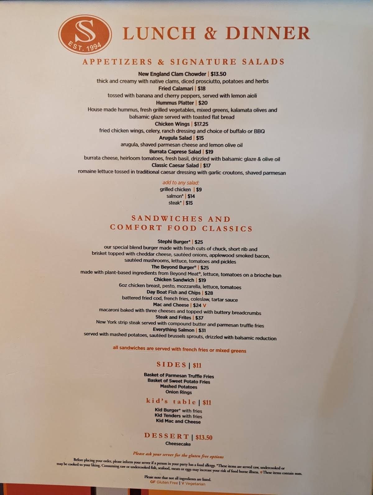 Menu at Stephanie's pub & bar, Boston, Logan Airport Terminal B