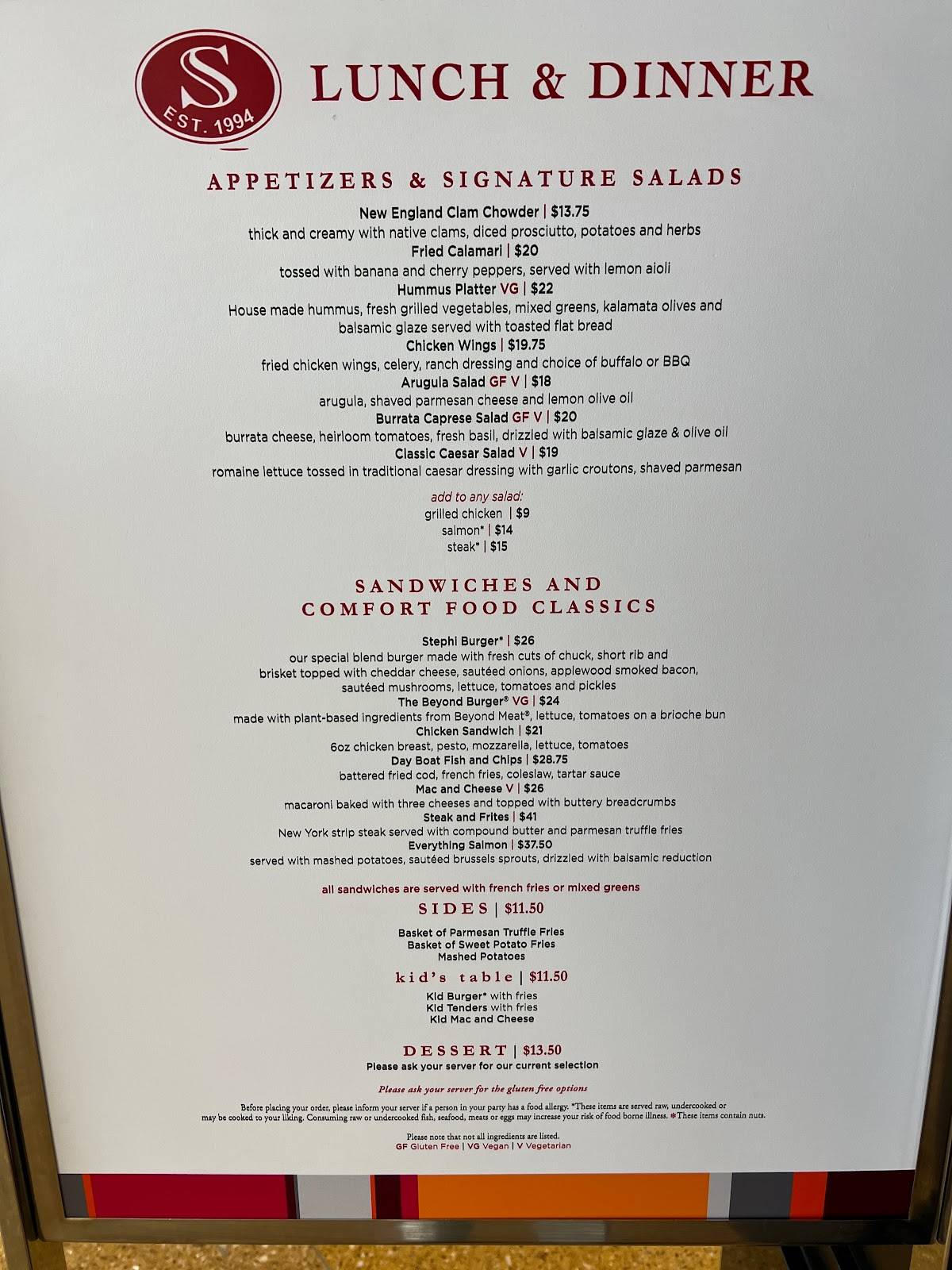 Menu at Stephanie's pub & bar, Boston, Logan Airport Terminal B