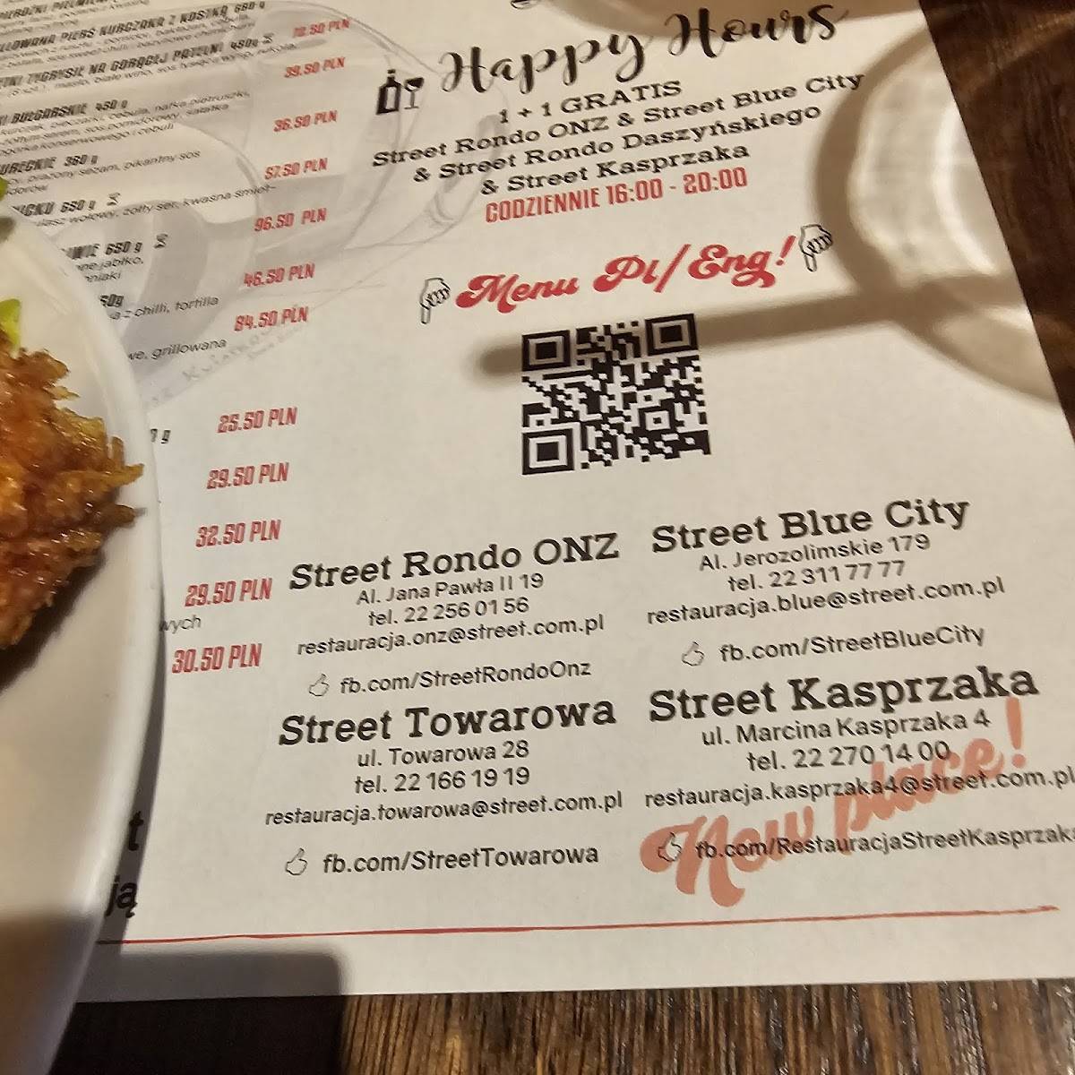Menu at Street Restauracja pub & bar, Warsaw, al. Jana Pawła II 19