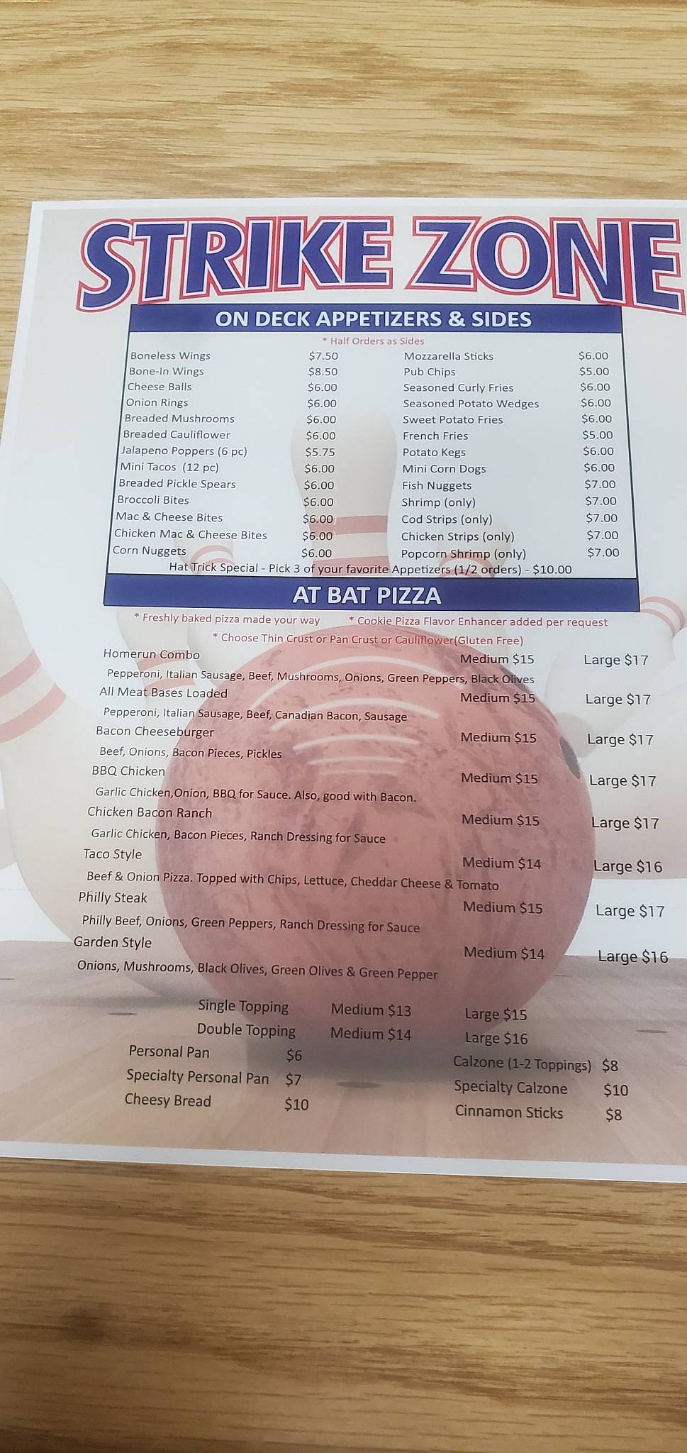 Menu at Strike Zone pub & bar, Northwood