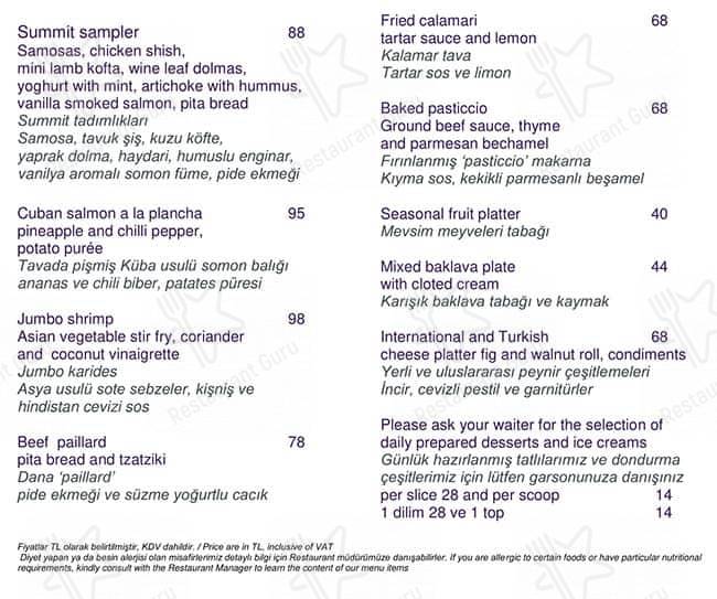 Menu at Summit Bar & Terrace, Istanbul, Cihannüma Mahallesi Saray ...
