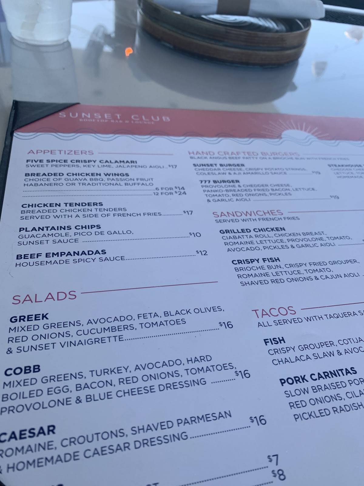 Menu at Sunset Club Rooftop Bar & Lounge, Hollywood