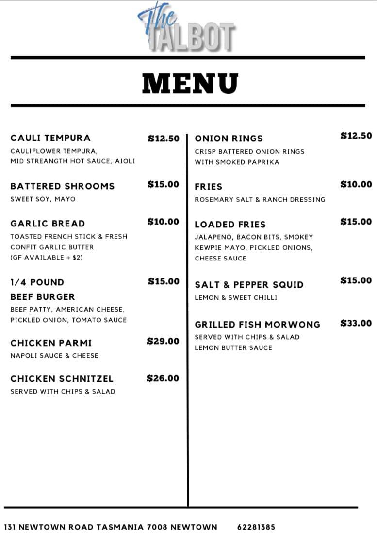 Menu at T pub & bar, New Town, Cnr Roope St and