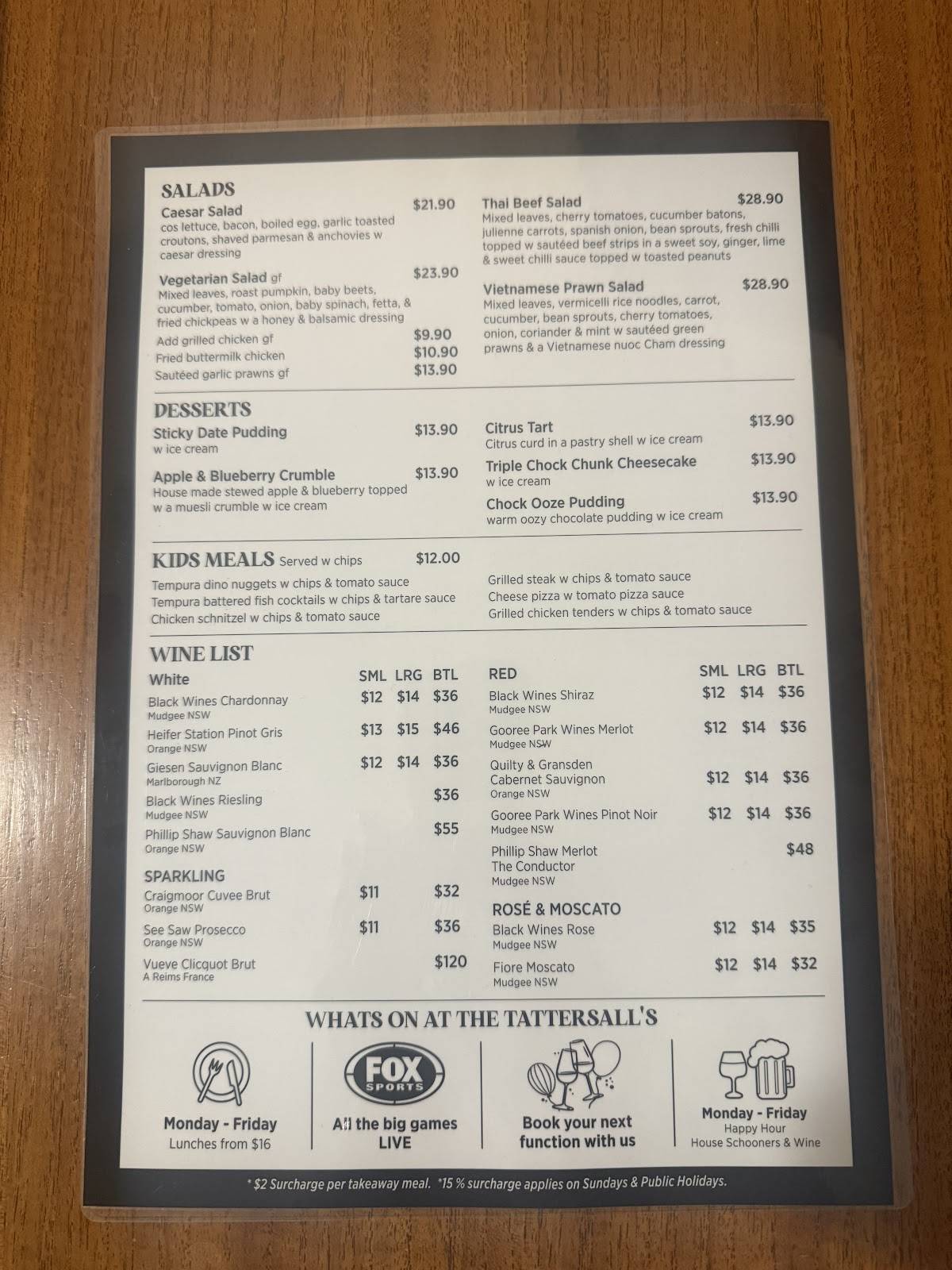 Menu at Tattersalls Hotel pub & bar, Bathurst